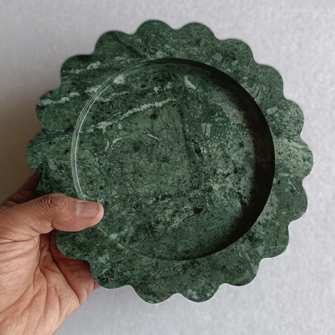 Scalloped Decorative Round Green Marble Tray, Beautiful Serving Marble ...