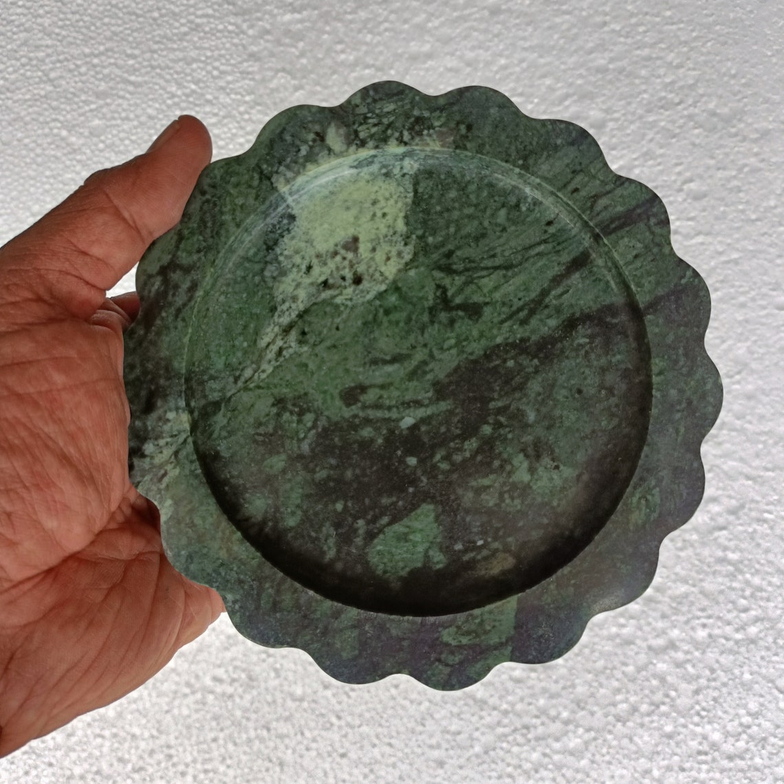 6 Inch Round Scalloped Decorative Green Marble Tray, Beautiful Serving ...