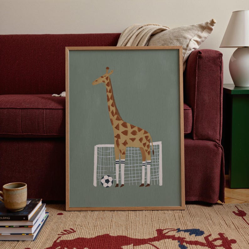 Giraffe Soccer Print, Sage Blue Nursery Wall Art, Soccer Goalie Kids ...