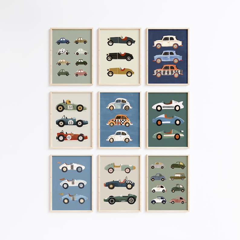 Kids Car Wall Art Bundle Set of 70 Prints, Retro Vehicle Nursery Art ...