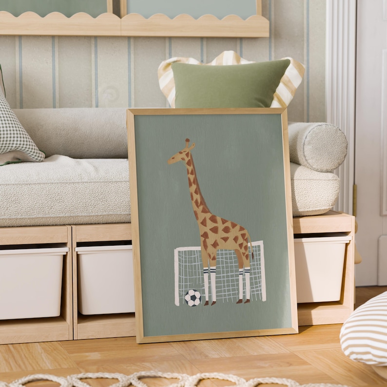 Giraffe Soccer Print, Sage Blue Nursery Wall Art, Soccer Goalie Kids ...