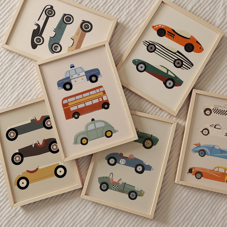 Kids Car Wall Art Bundle Set of 70 Prints, Retro Vehicle Nursery Art ...