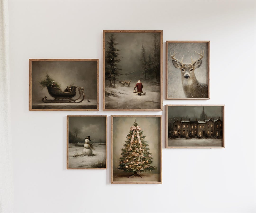 Vintage Christmas Wall Art Set, Rustic Holiday Prints, Santa Reindeer ...
