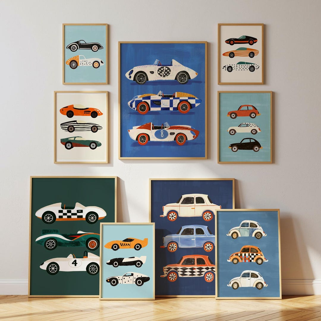 Kids Car Wall Art Bundle Set of 70 Prints, Retro Vehicle Nursery Art ...