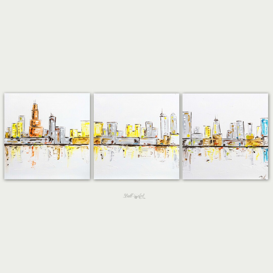Original Chicago Skyline Painting: Colorful Abstract Oil on Three ...