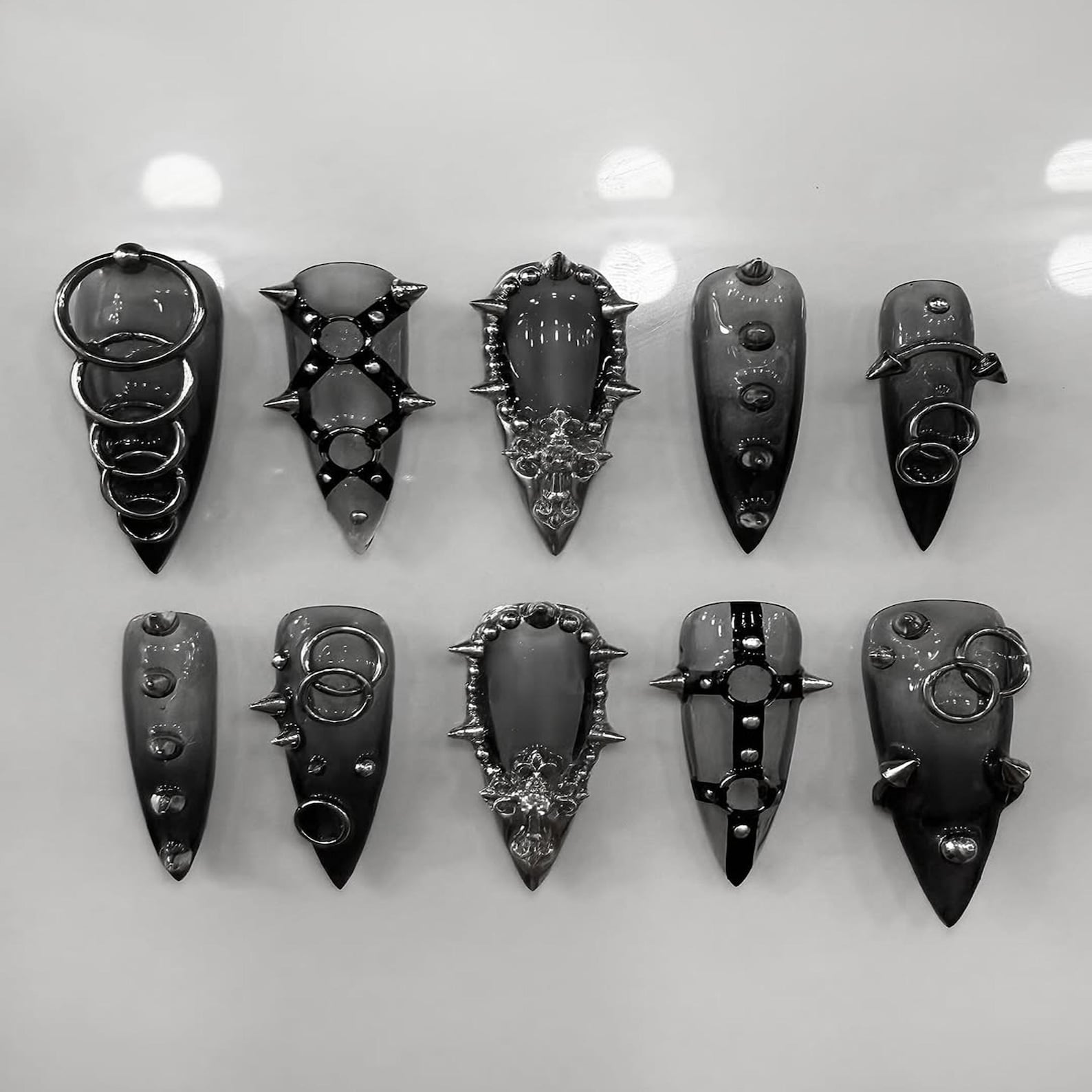 Gothic Metal Stud Press on Nails, Dark Punk Stiletto Nails With Rings ...