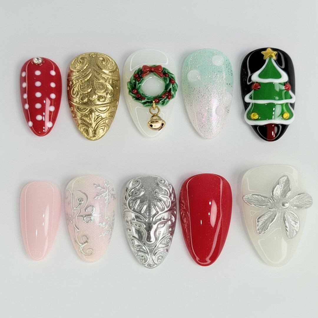 3D Christmas Tree and Wreath Press on Nails - Etsy