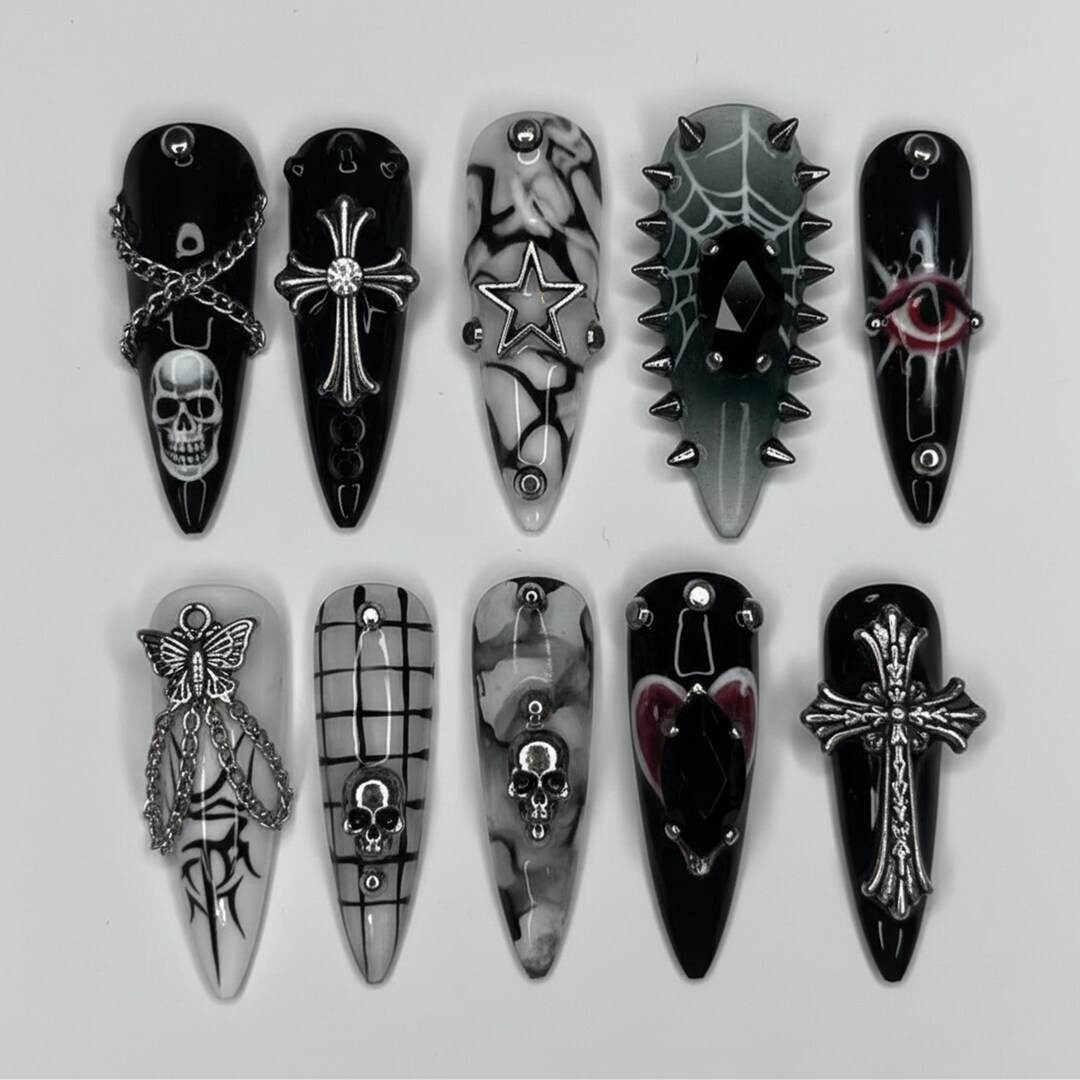 Gothic Black 3D Skull Nails With Chains & Cross Charms - Etsy