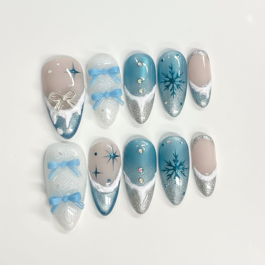 Winter Blue Snowflake Nails, Icy French Tips, Frost Bow Press on Nails ...
