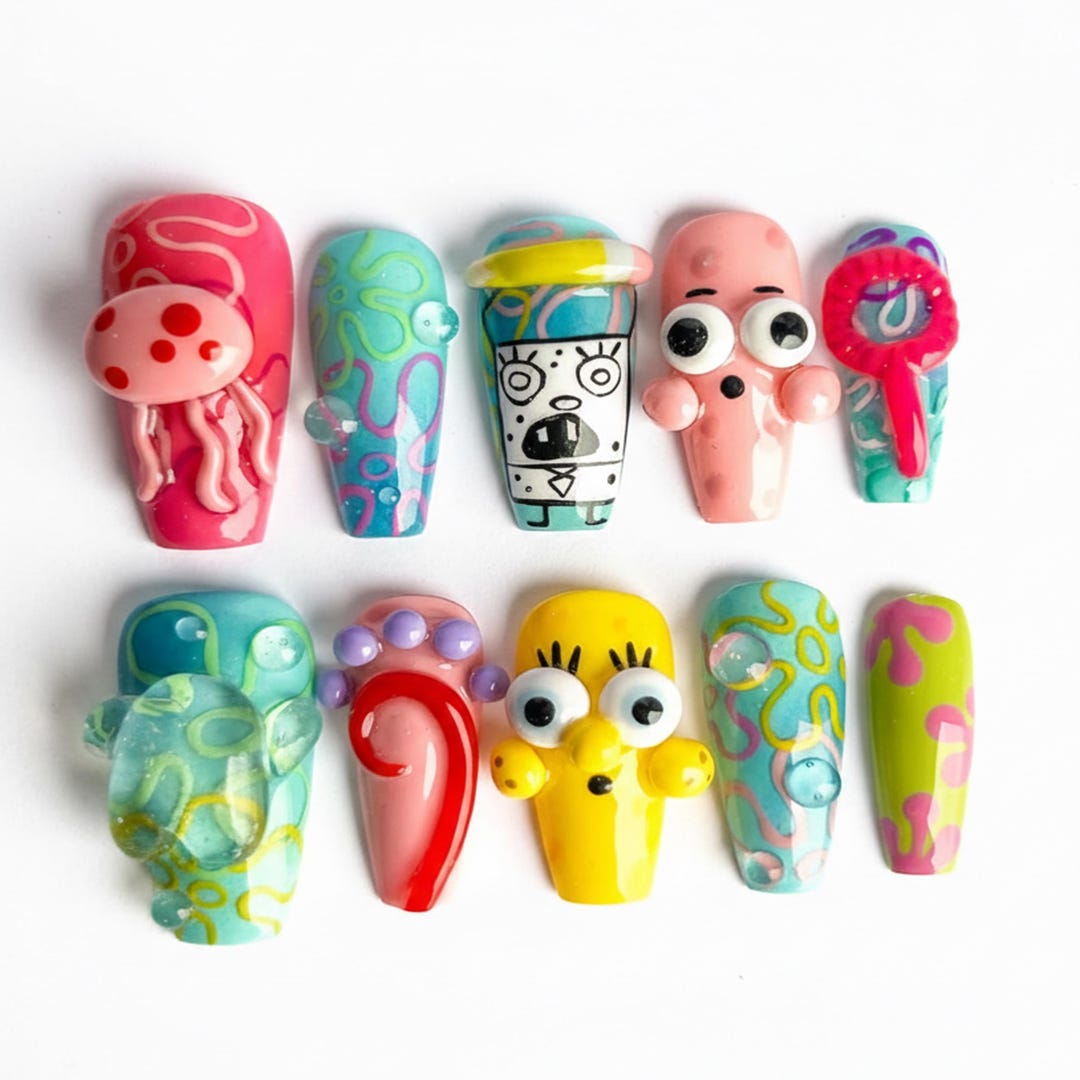Spongebob Handmade 3D Press on Nails – Cartoon Character Set - Etsy