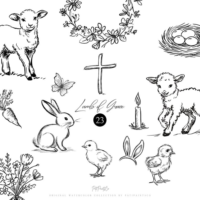 Christian Easter Clipart, Lamb Cross Bunny PNG, Religious Spring Line ...