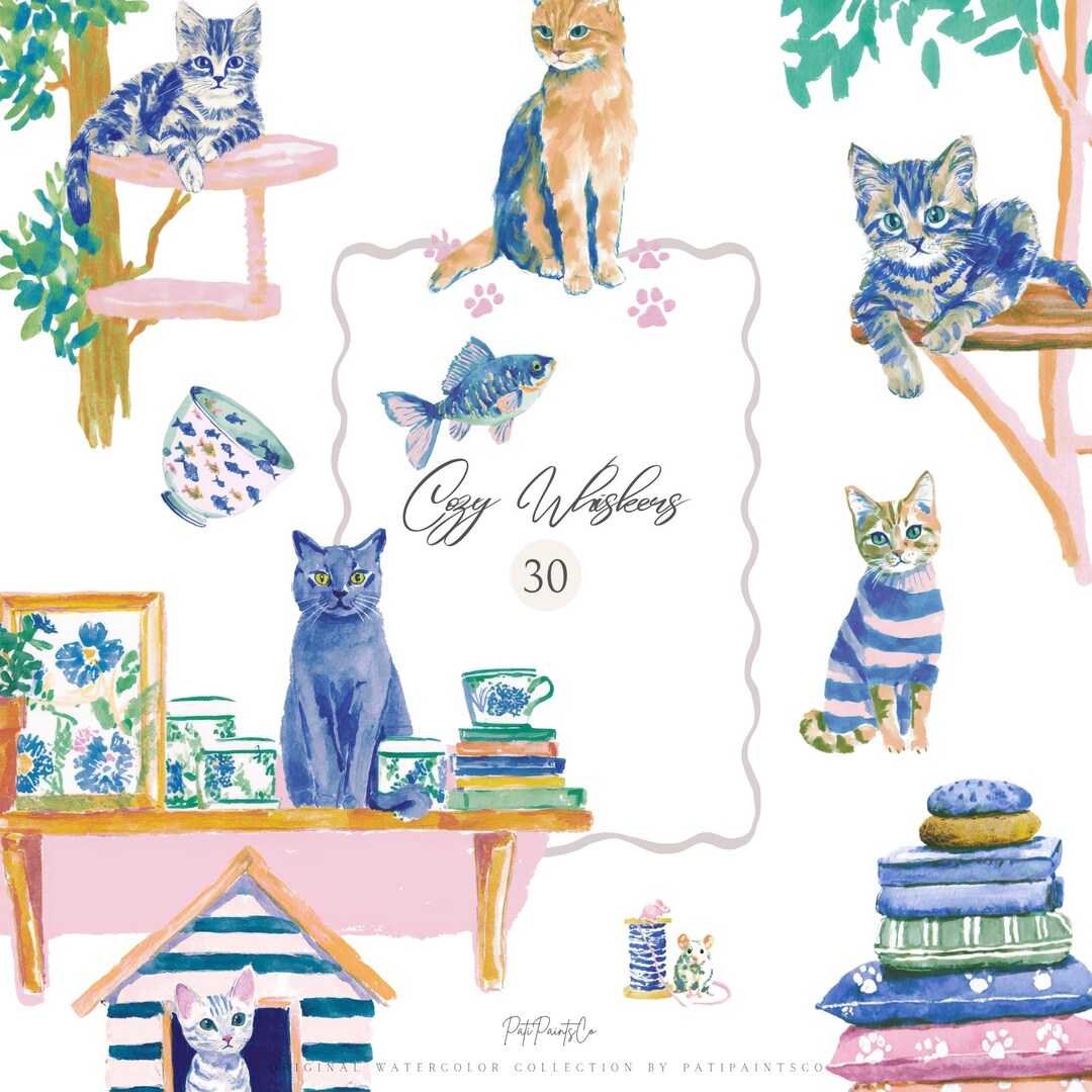 Cozy Cat Clipart PNG Bundle, Watercolor Cat Clipart Set, Cute Kitten ...