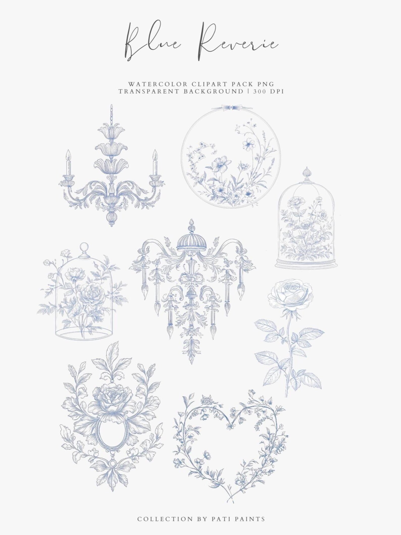 Baroque Line Art Clipart Set Blue Reveire – Rococo Frame, Vintage ...