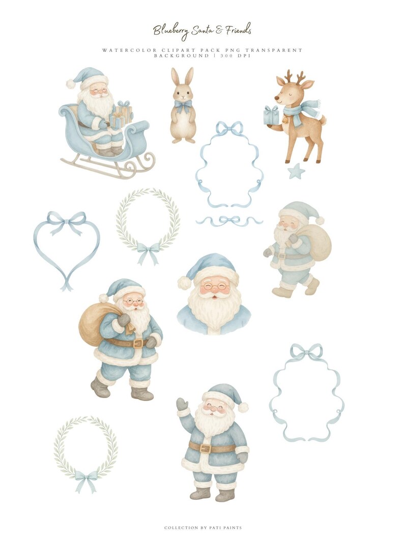 Christmas Clipart Bundle - 25 Watercolor Pngs, Blue Santa, Penguin ...