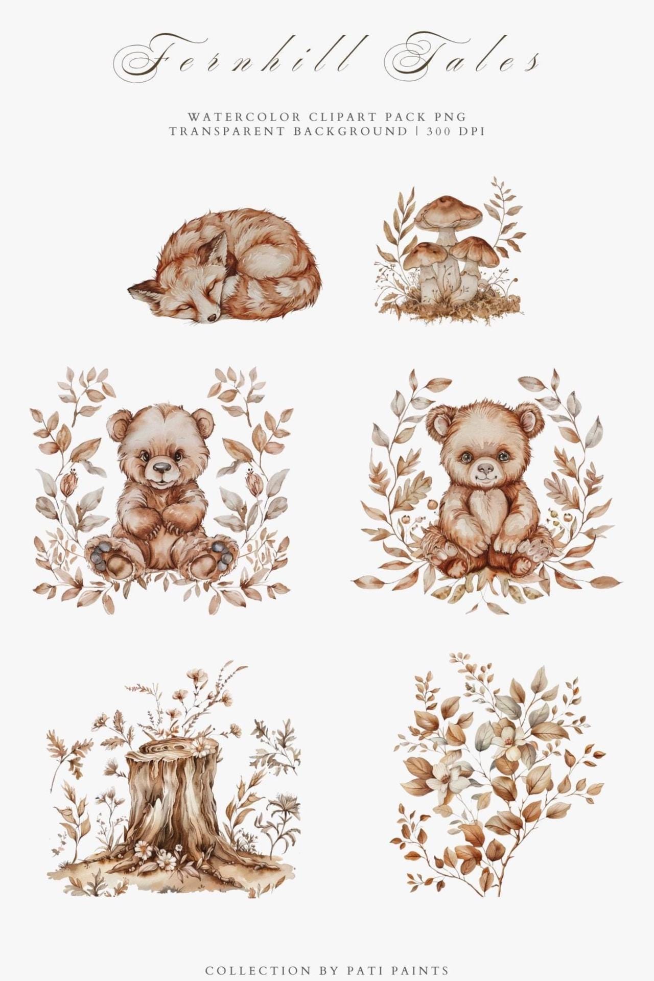 Woodland Animal Clipart Set - Watercolor Baby Deer, Fox, Bunny, Bear ...
