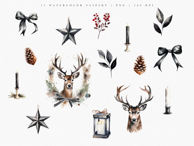 Black Christmas Clipart - Watercolor Digital Clipart - Modern Christmas ...