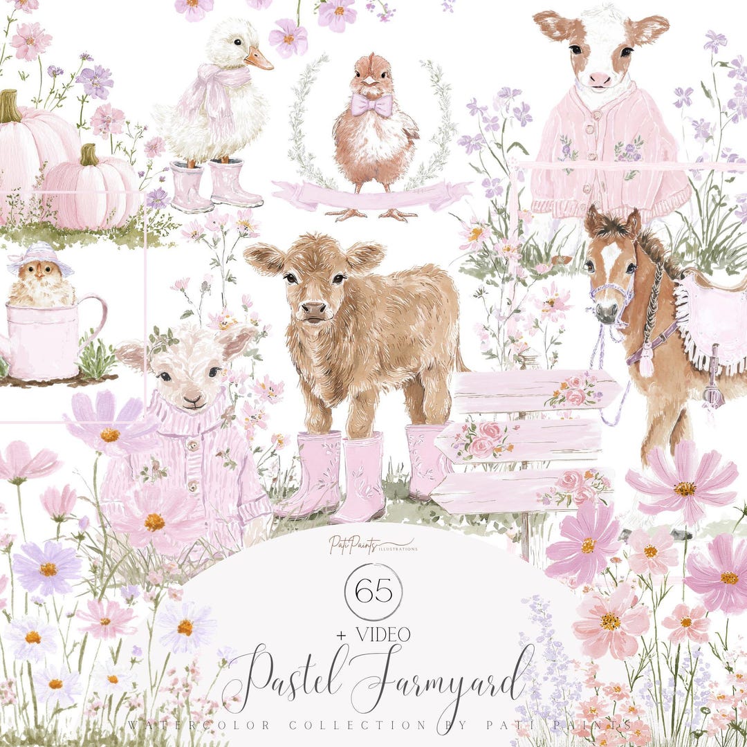 Watercolor Pastel Farmyard Animals Clipart Set 65 PNG Elements With ...