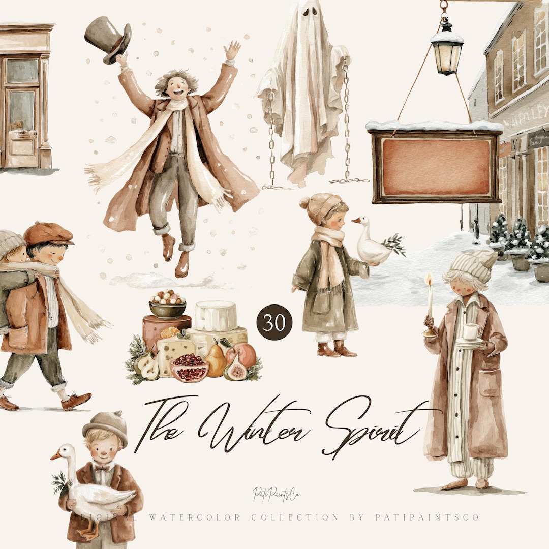 Watercolor Christmas Carol Clipart Set, Vintage Winter Dickens ...