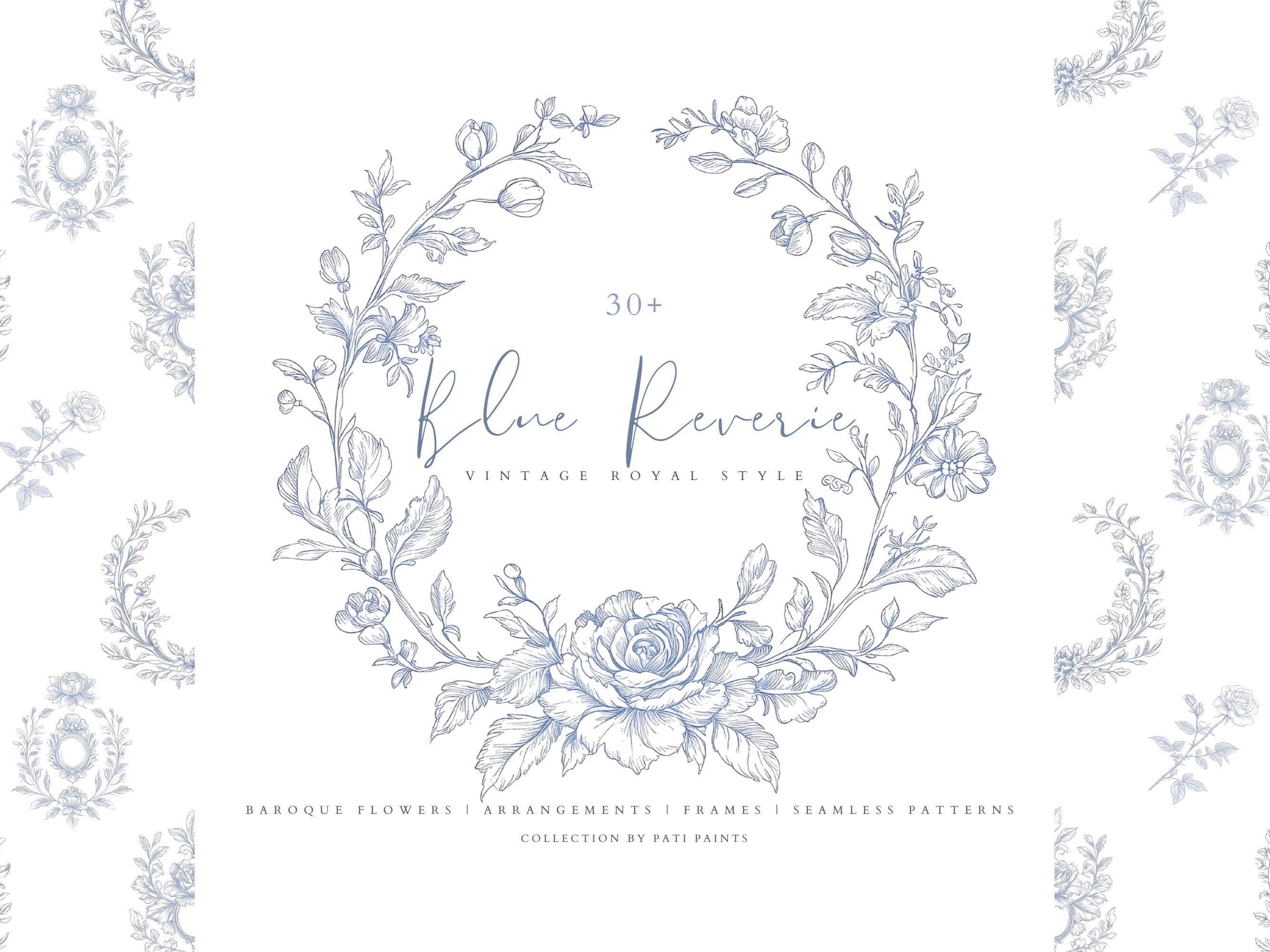 Baroque Line Art Clipart Set Blue Reveire – Rococo Frame, Vintage ...