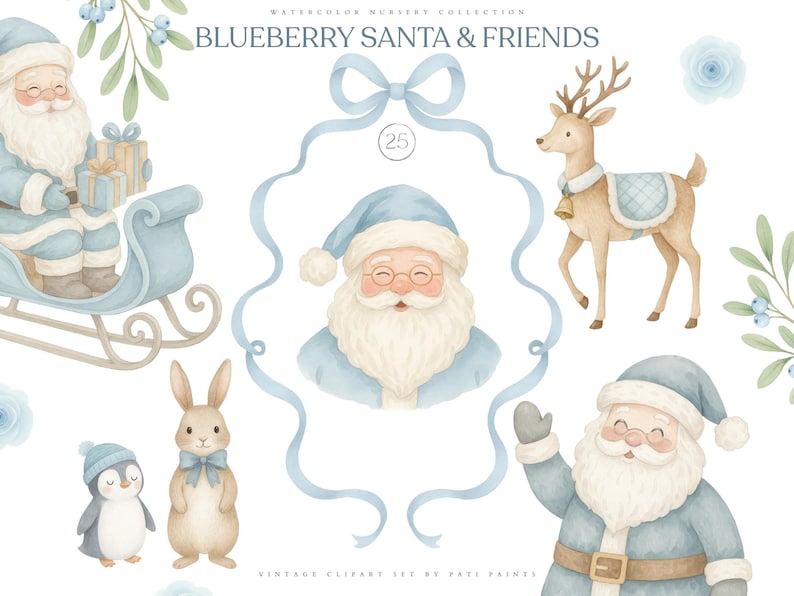 Christmas Clipart Bundle - 25 Watercolor Pngs, Blue Santa, Penguin ...