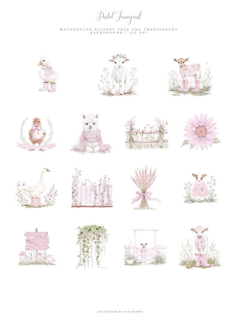 Watercolor Pastel Farmyard Animals Clipart Set 65 PNG Elements With ...