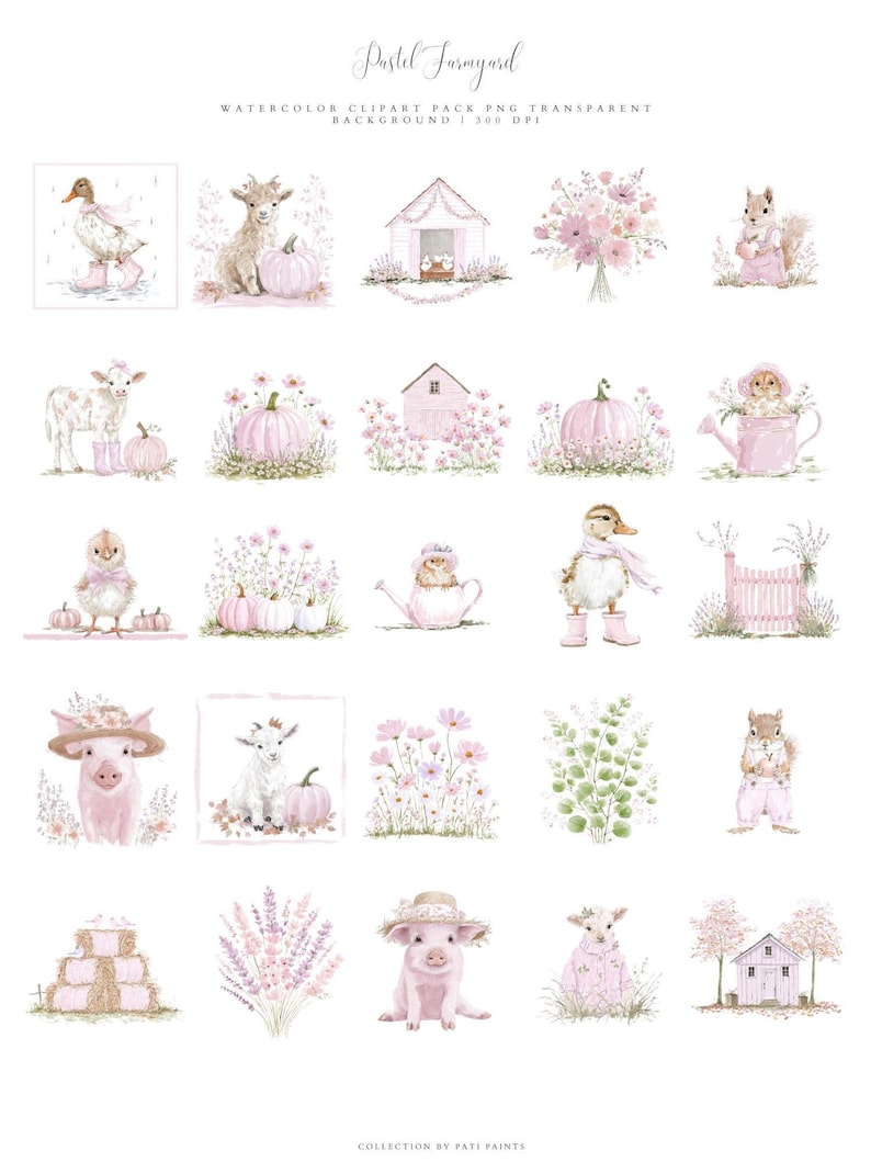 Watercolor Pastel Farmyard Animals Clipart Set 65 PNG Elements With ...