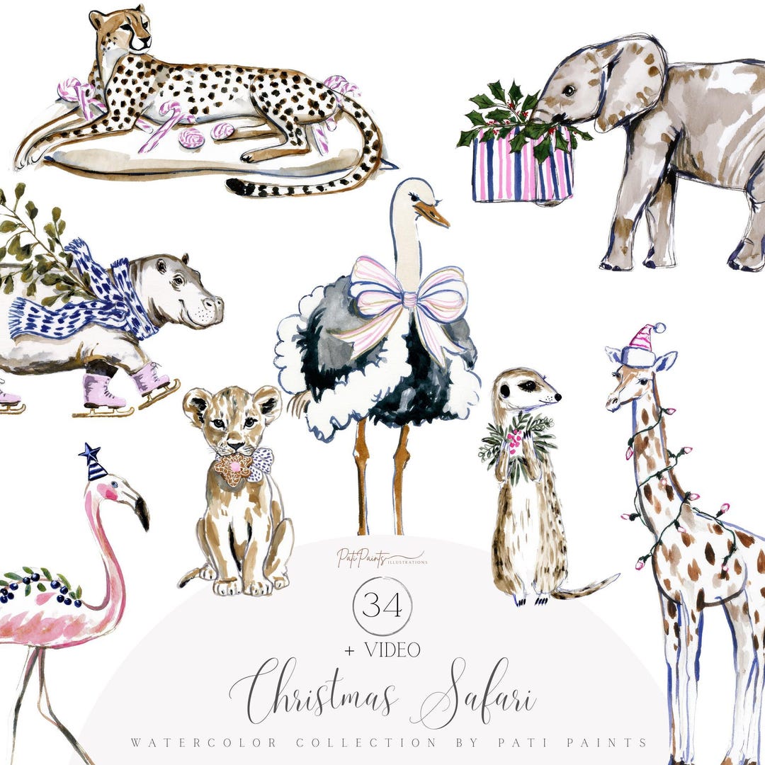 Watercolor Christmas Safari Animals Clipart, Holiday Safari PNG, Exotic ...