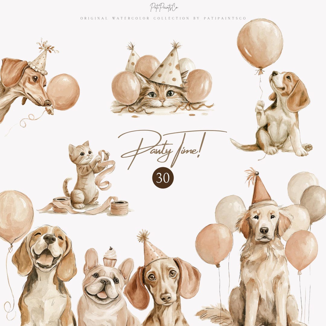 Watercolor Dog and Cat Birthday Clipart, Pet Party Animals PNG, Cute ...
