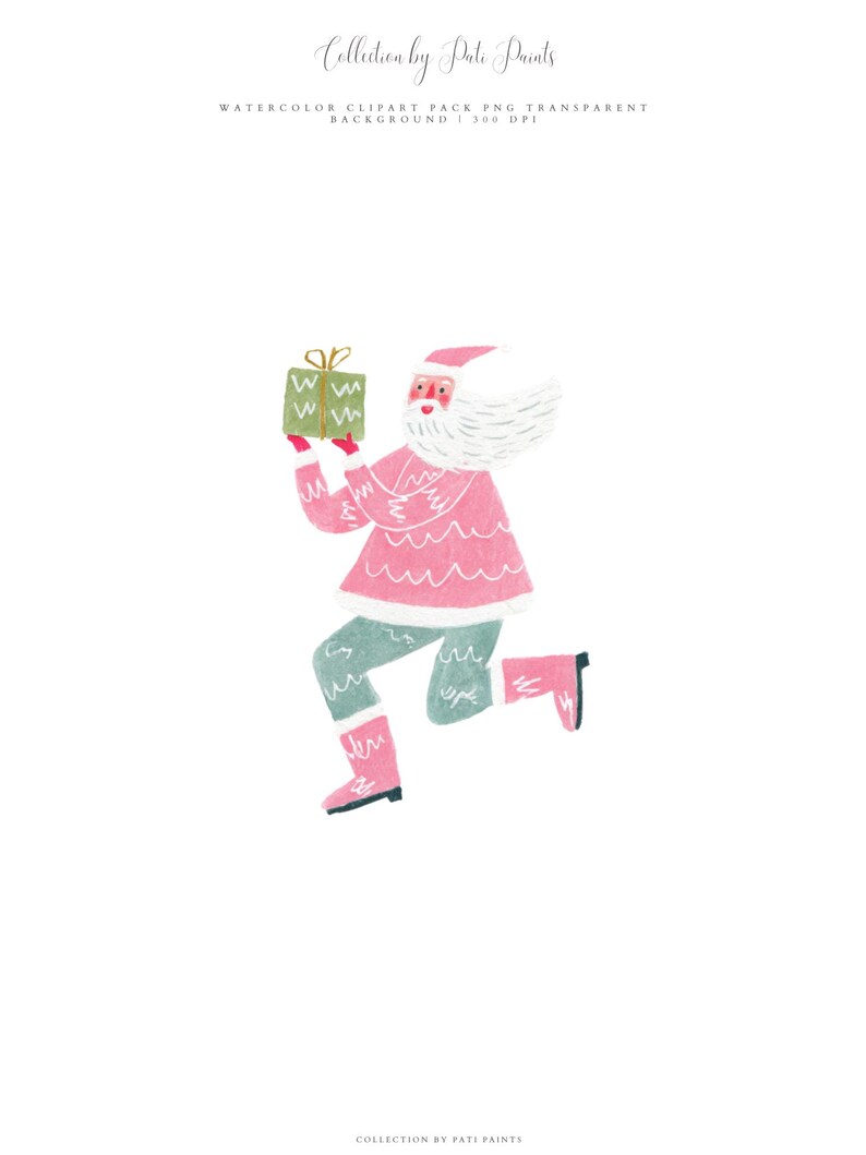 Watercolor Santa Dance Clipart Set, Pink Christmas PNG Illustrations ...