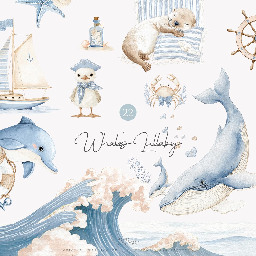 Watercolor Ocean Nursery Clipart Set, Baby Sea Animals, Whale Dolphin ...