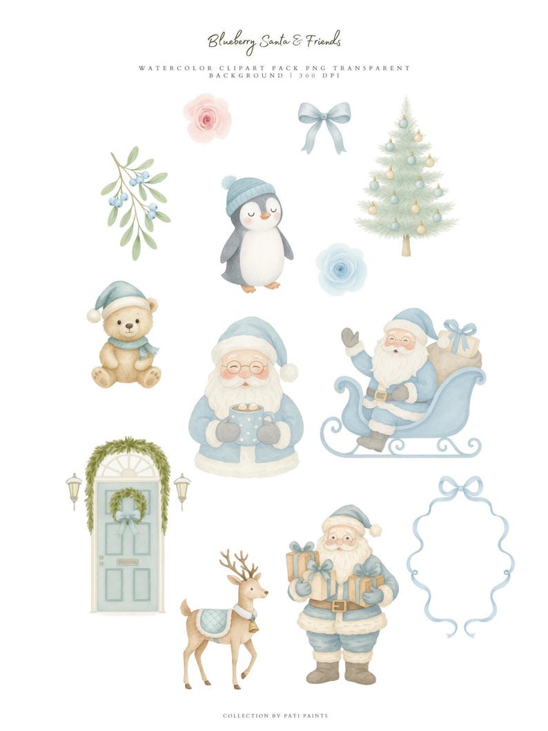 Christmas Clipart Bundle - 25 Watercolor Pngs, Blue Santa, Penguin ...