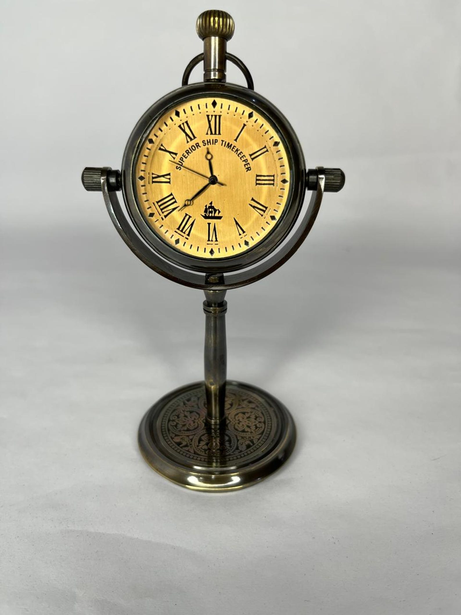 Vintage Nautical Desk Clock - Brass Gimbal Swivel Stand - "superior ...