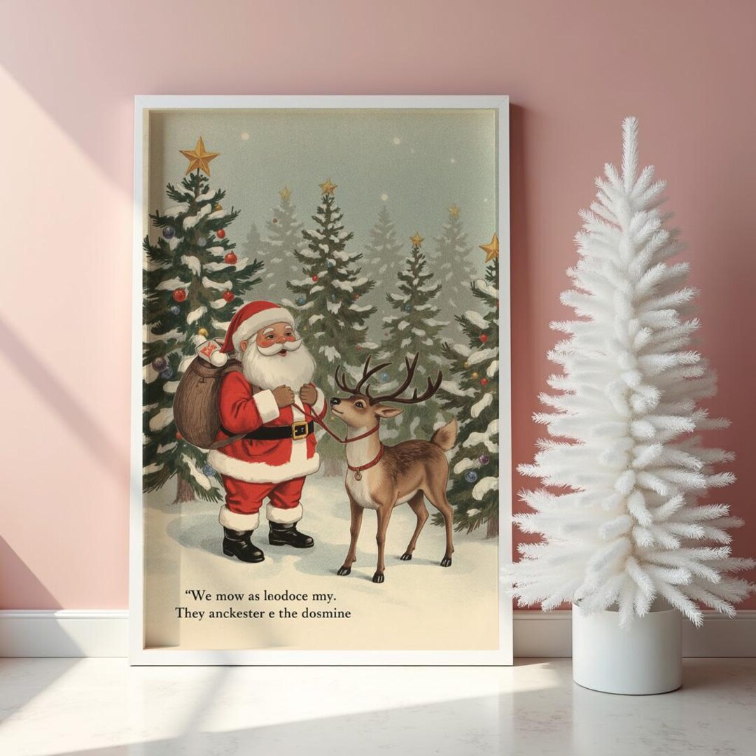 Vintage Santa and Reindeer Christmas Print | Retro Holiday Wall Art ...