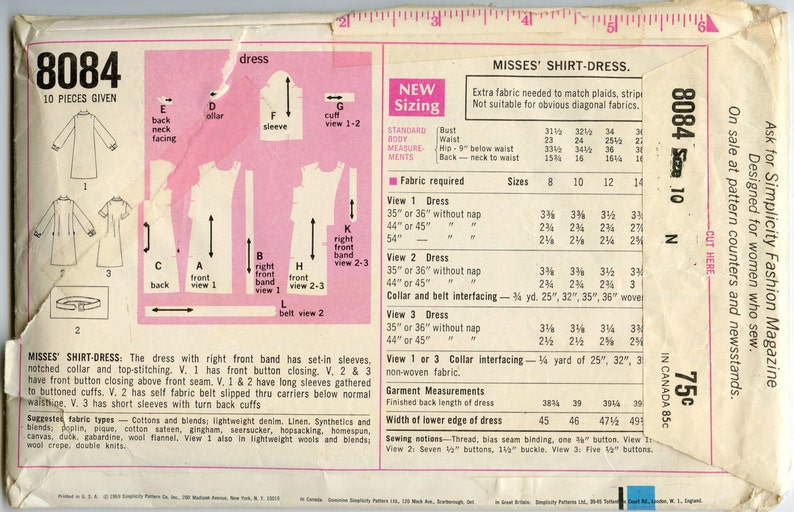 1960s Simplicity 8084 Misses Shirt Dress Vintage Sewing Pattern Bust 32 ...