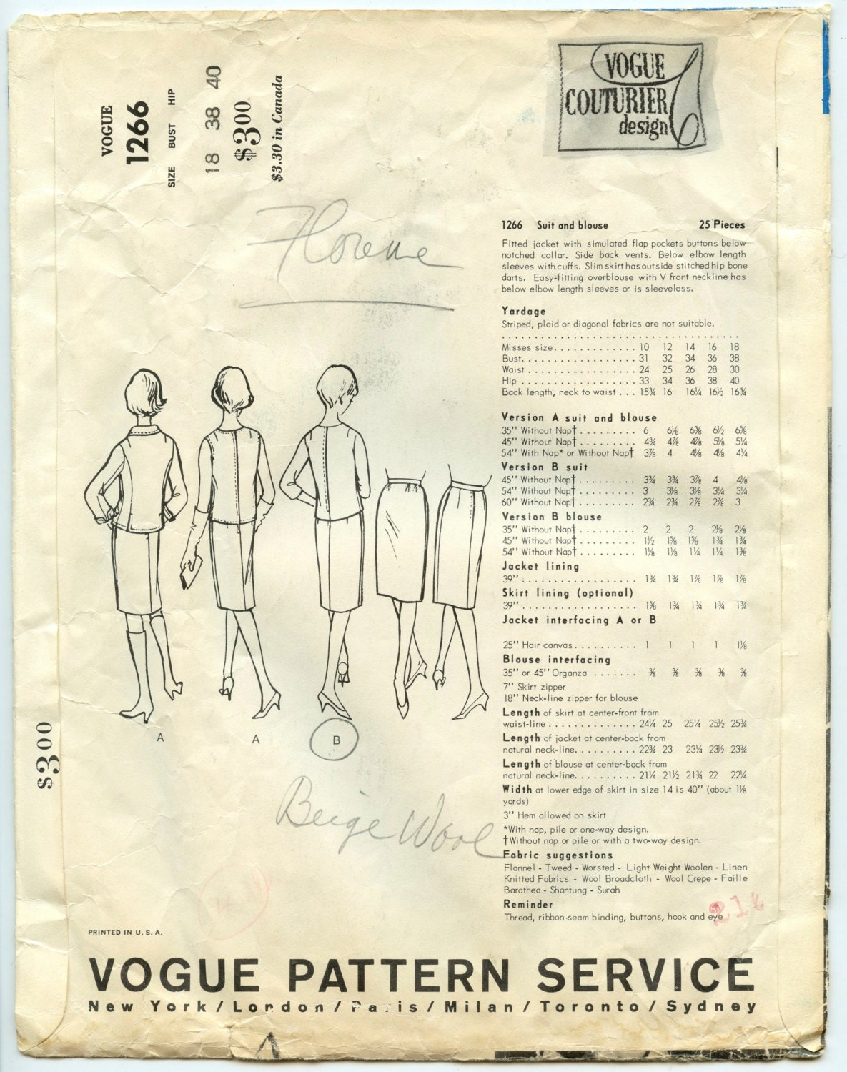 1960s Michael of London Vogue Couturier Design 1266 Misses Three Piece ...