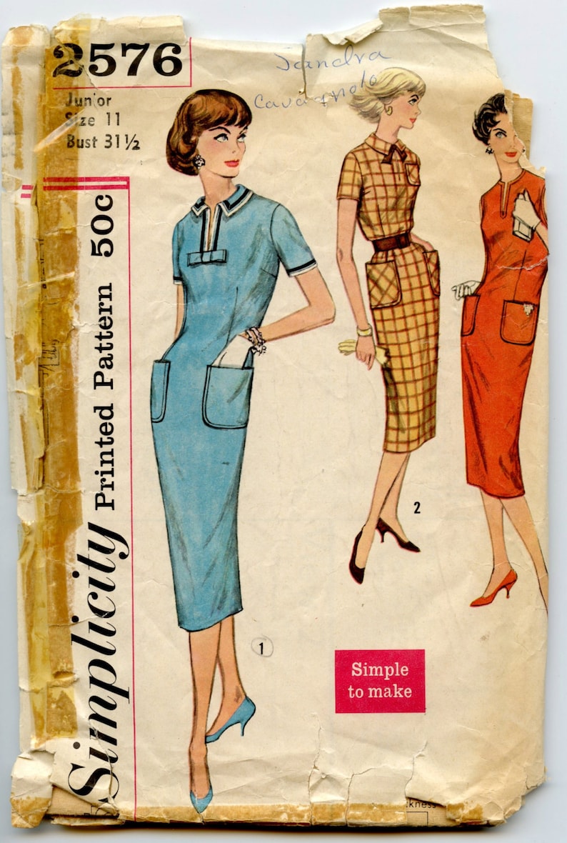 1950s Simplicity 2576 Jr. Misses Jewel Neck Dress Vintage Sewing ...
