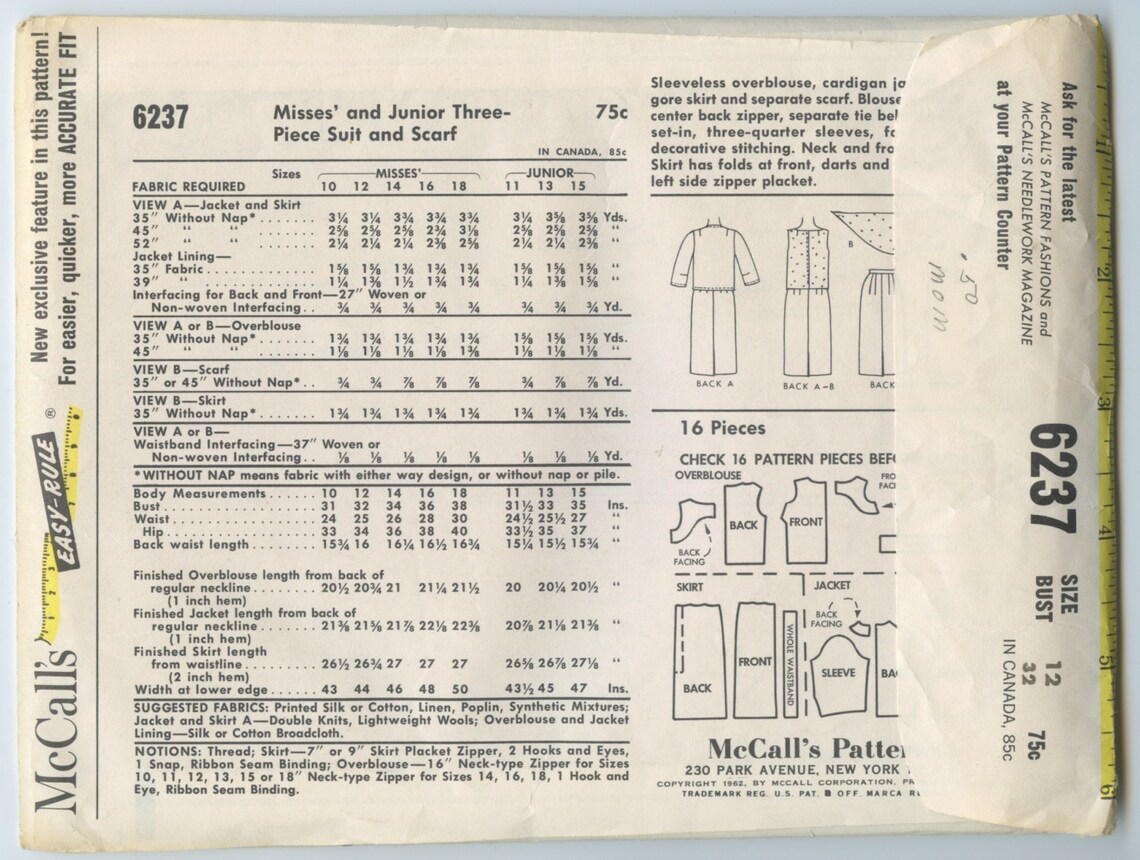 1960s Mccall's 6237 Misses' Three Piece Suit Skirt - Etsy