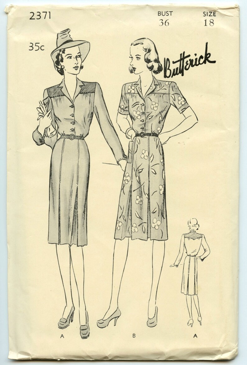1940's Dress Pattern Butterick 2371 Misses Shirt Dress Pleated Skirt ...