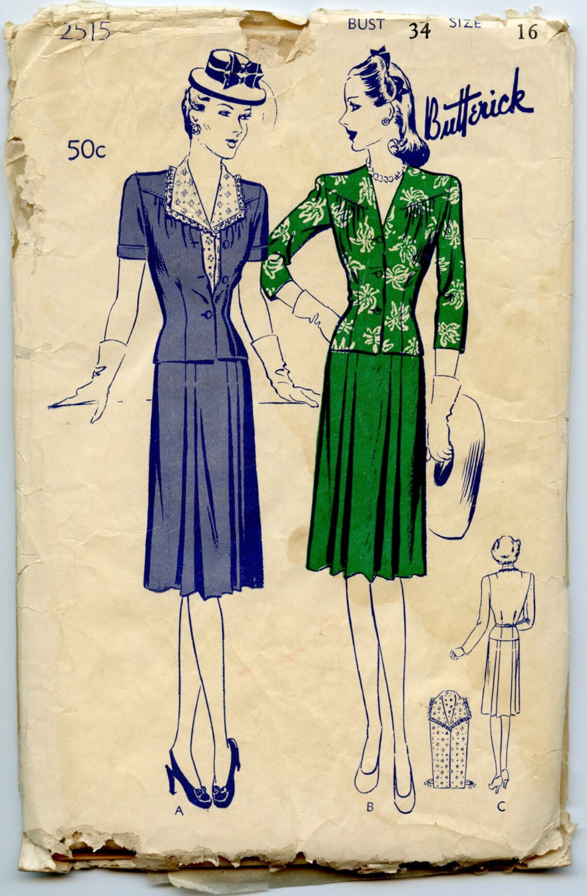 1940's Butterick 2515 Vintage Sewing Pattern Misses Suit Dress Pleated ...