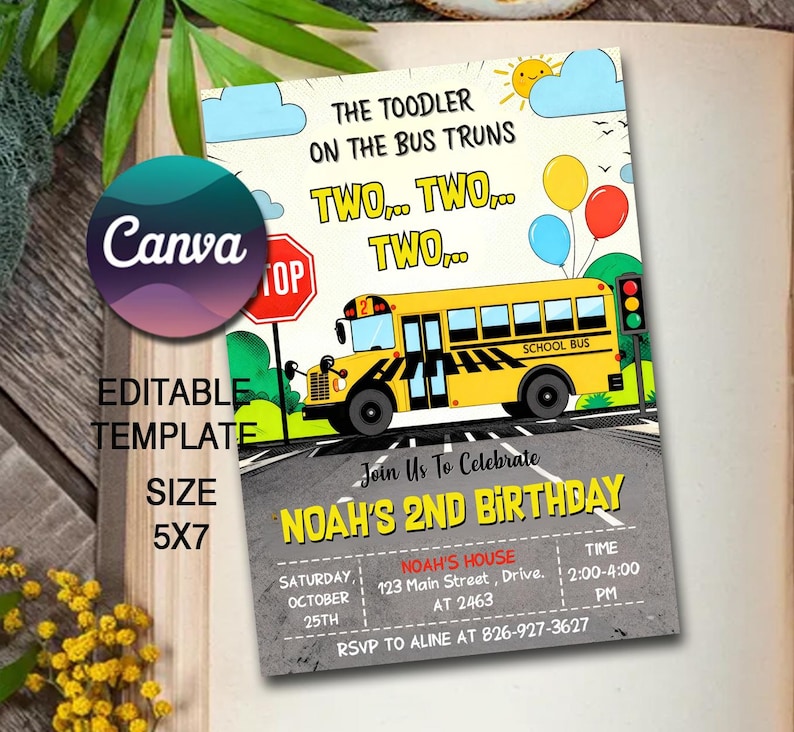 Editable School Bus Birthday Invitation, Wheels on the Bus Birthday ...