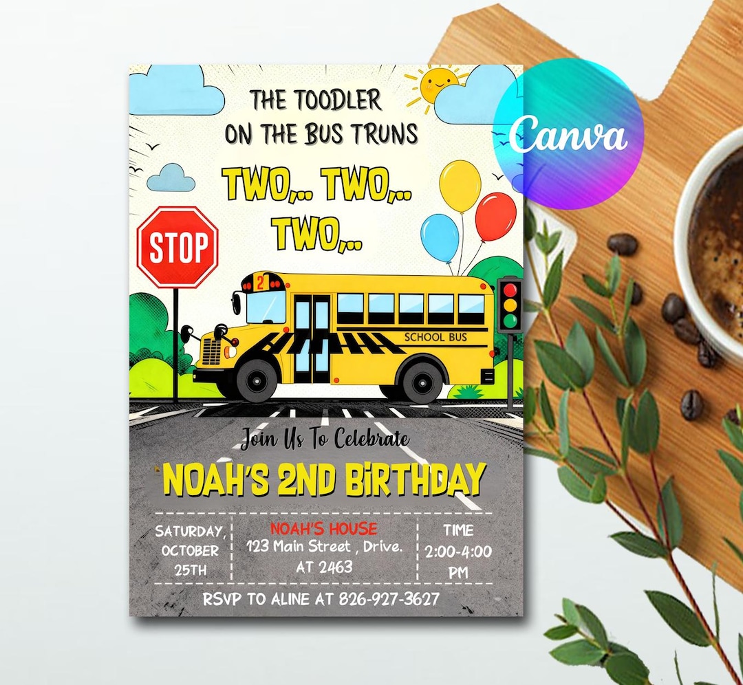 Buy Editable School Bus Birthday Invitation, Wheels on the Bus Birthday ...