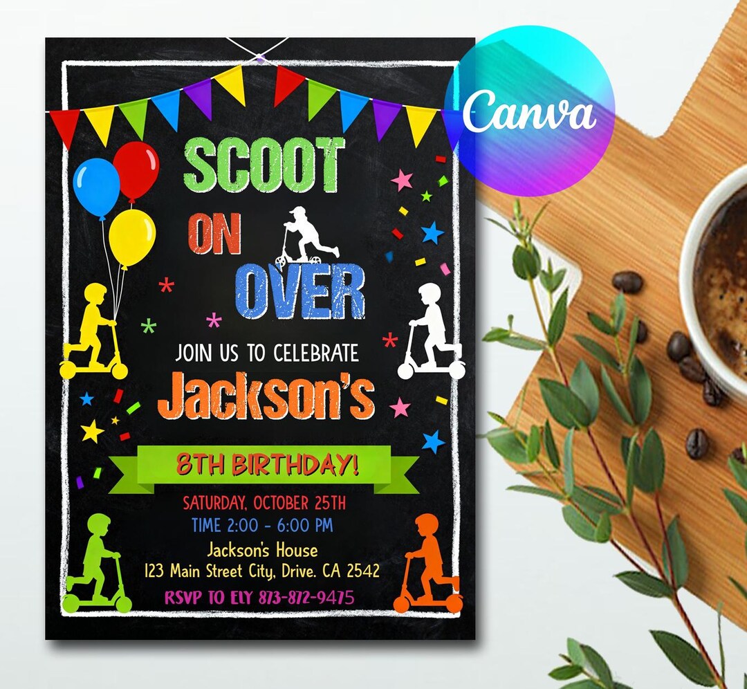 Editable Scooter Birthday Invitation, Boy Birthday Invitation, Skate ...