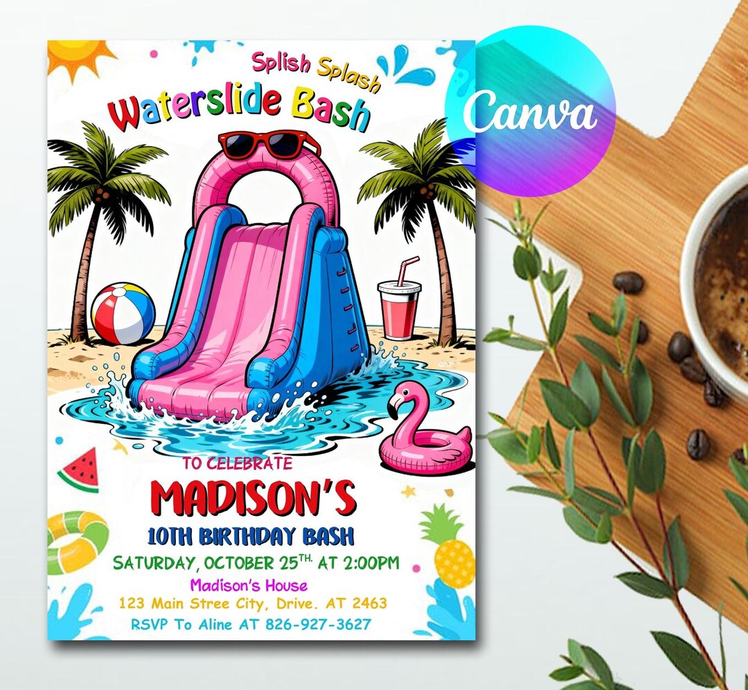 Water Slide Birthday Invitation, Water Slide Invitation, Water Slide ...