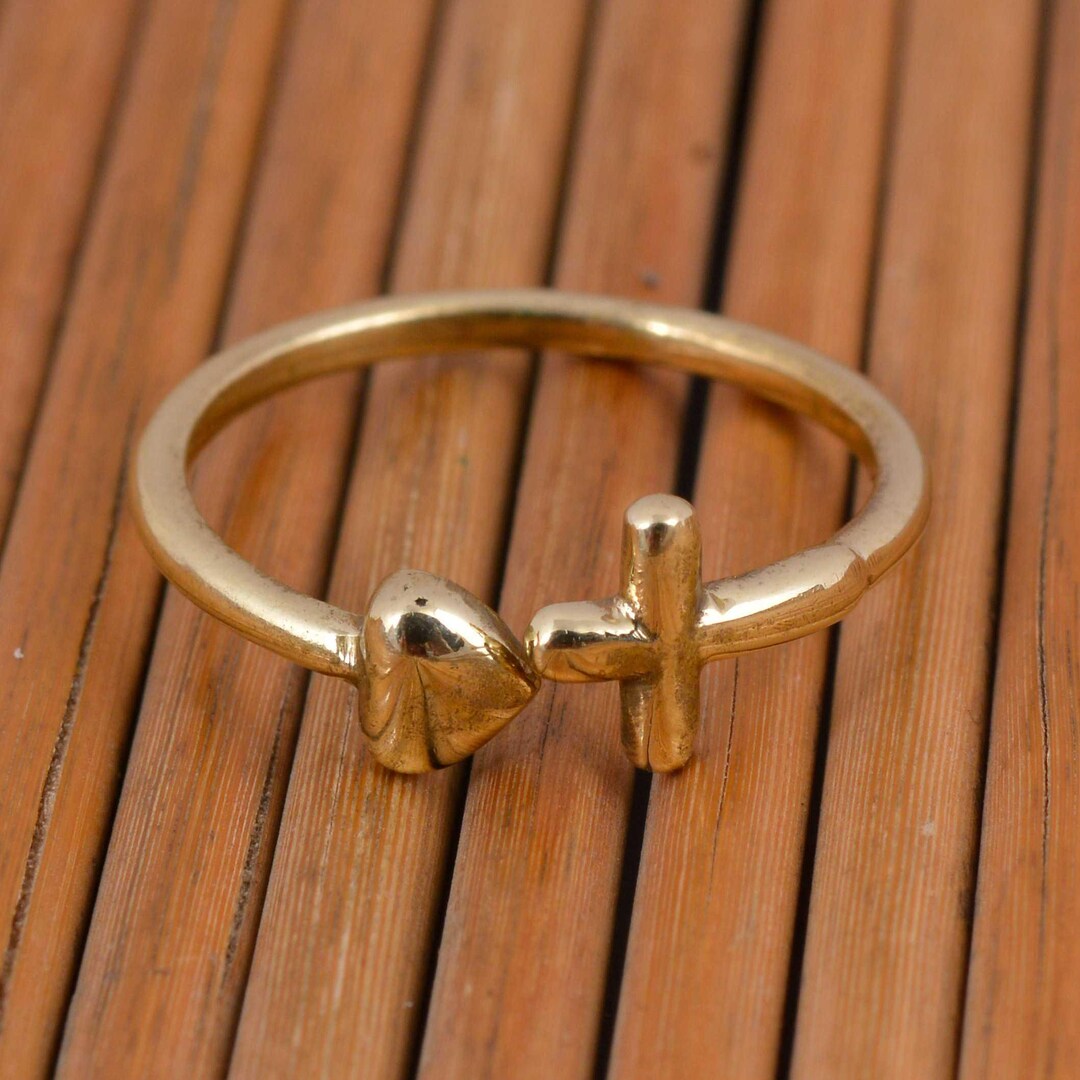 Brass Heart Cross Ring – Symbol of Love and Fait Gold Faith Ring ...