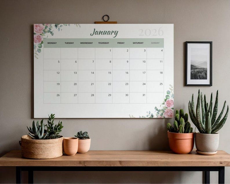 2026 Druckbarer Kalender, minimalistisches Blumendesign (Digitaler ...