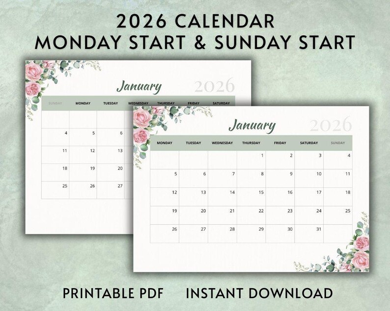 2026 Druckbarer Kalender, minimalistisches Blumendesign (Digitaler ...