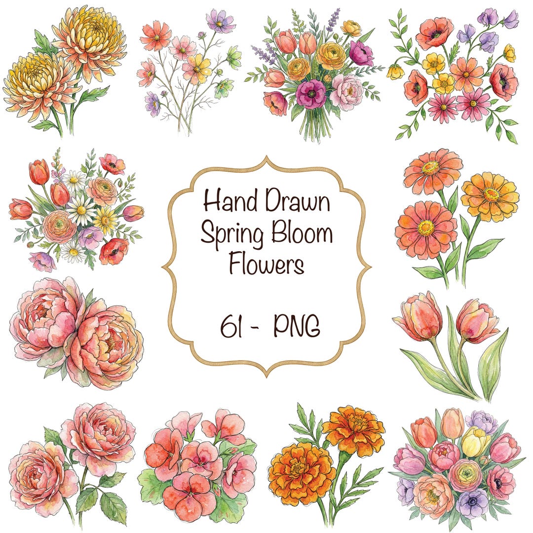 Hand Drawn Bloom Floral Clipart, Pastel Watercolor Flower PNG Bundle ...