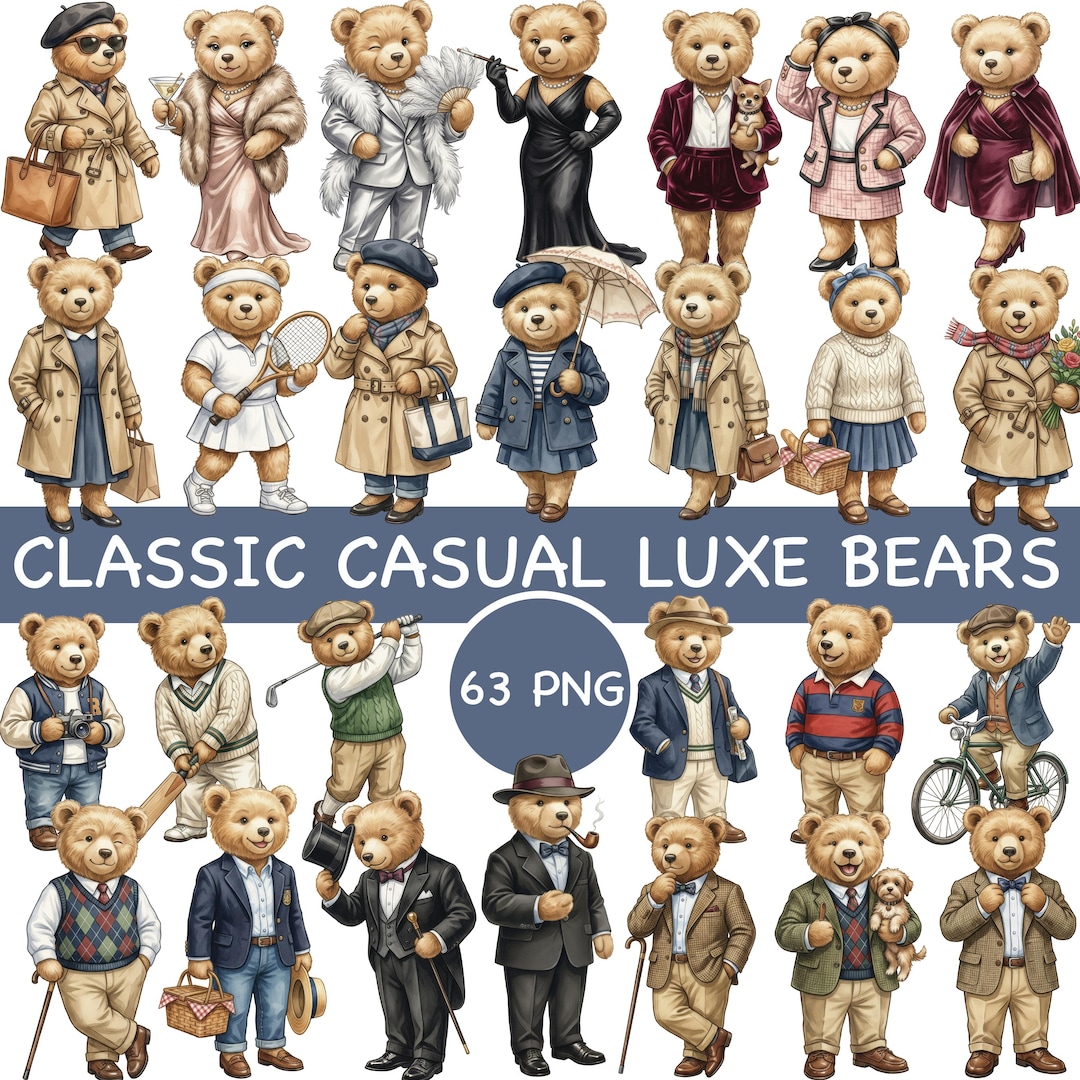 Classic Casual Luxe Bear Portraits PNG, Preppy Bears, Stylish Bears ...