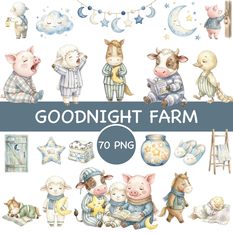 Goodnight Farm Animals Clipart, Bedtime Farm Friends Watercolor Nursery ...
