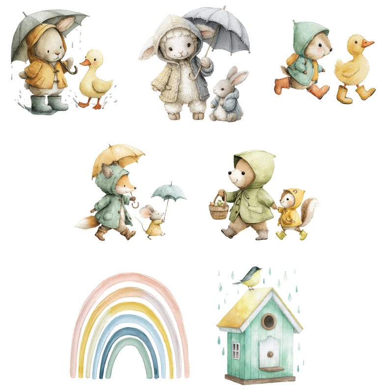 Spring Animals in Raincoats Clipart, Watercolor Nursery Animals PNG ...